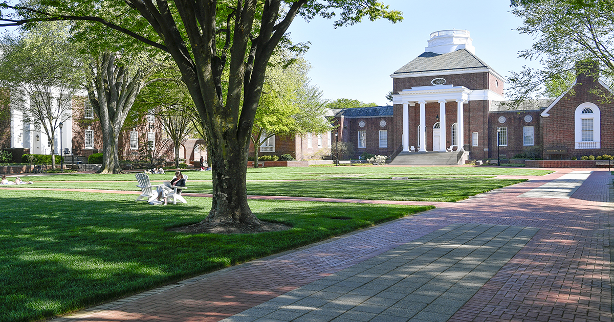 University of Delaware main campus green in spring